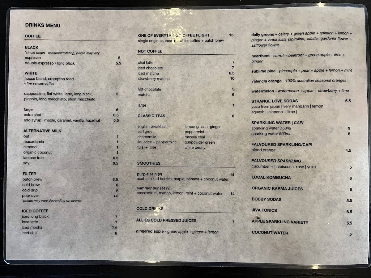 Menu at homage specialty coffee cafe, Parramatta