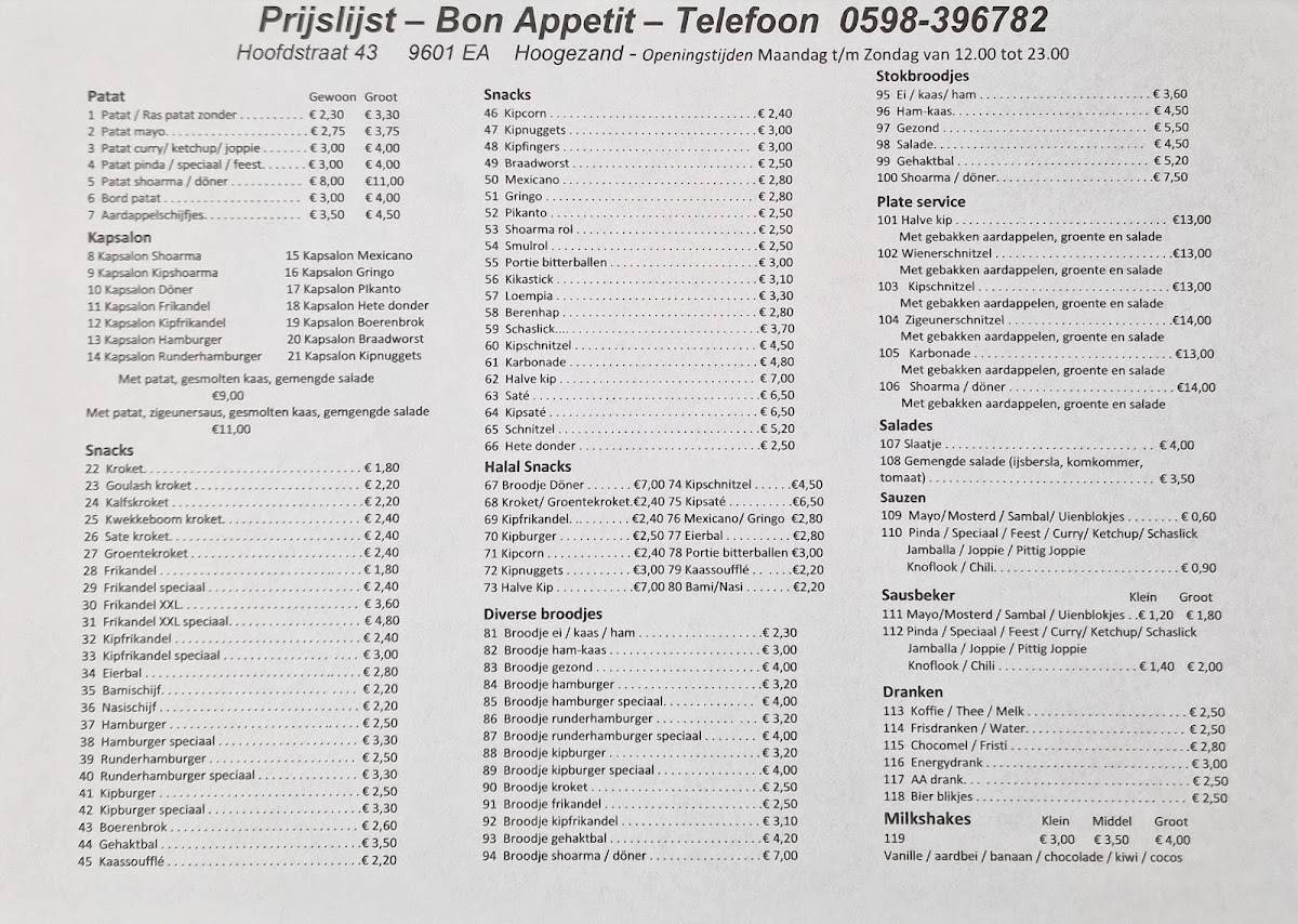 Menu at Cafetaria Bon Appetit, Hoogezand