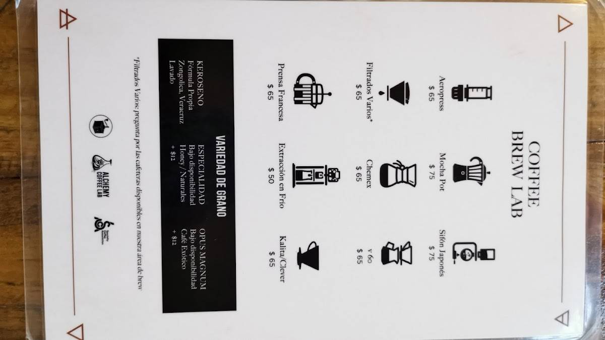 Carta de cafetería Alchemy Coffee Lab, Monterrey, Bruselas 902