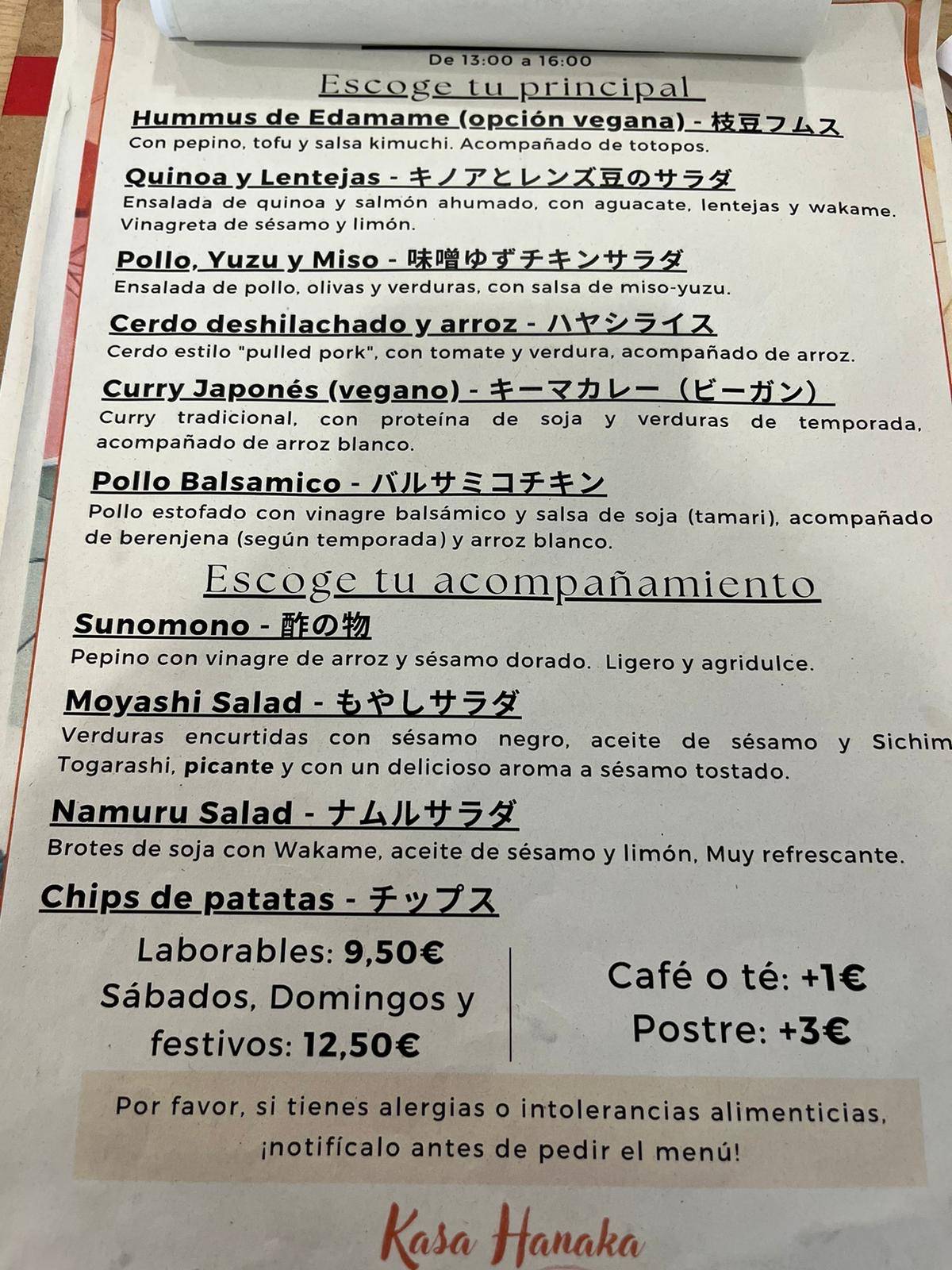 Carta de Cafetería Japonesa Kasa Hanaka - Vil·la Urània, Barcelona