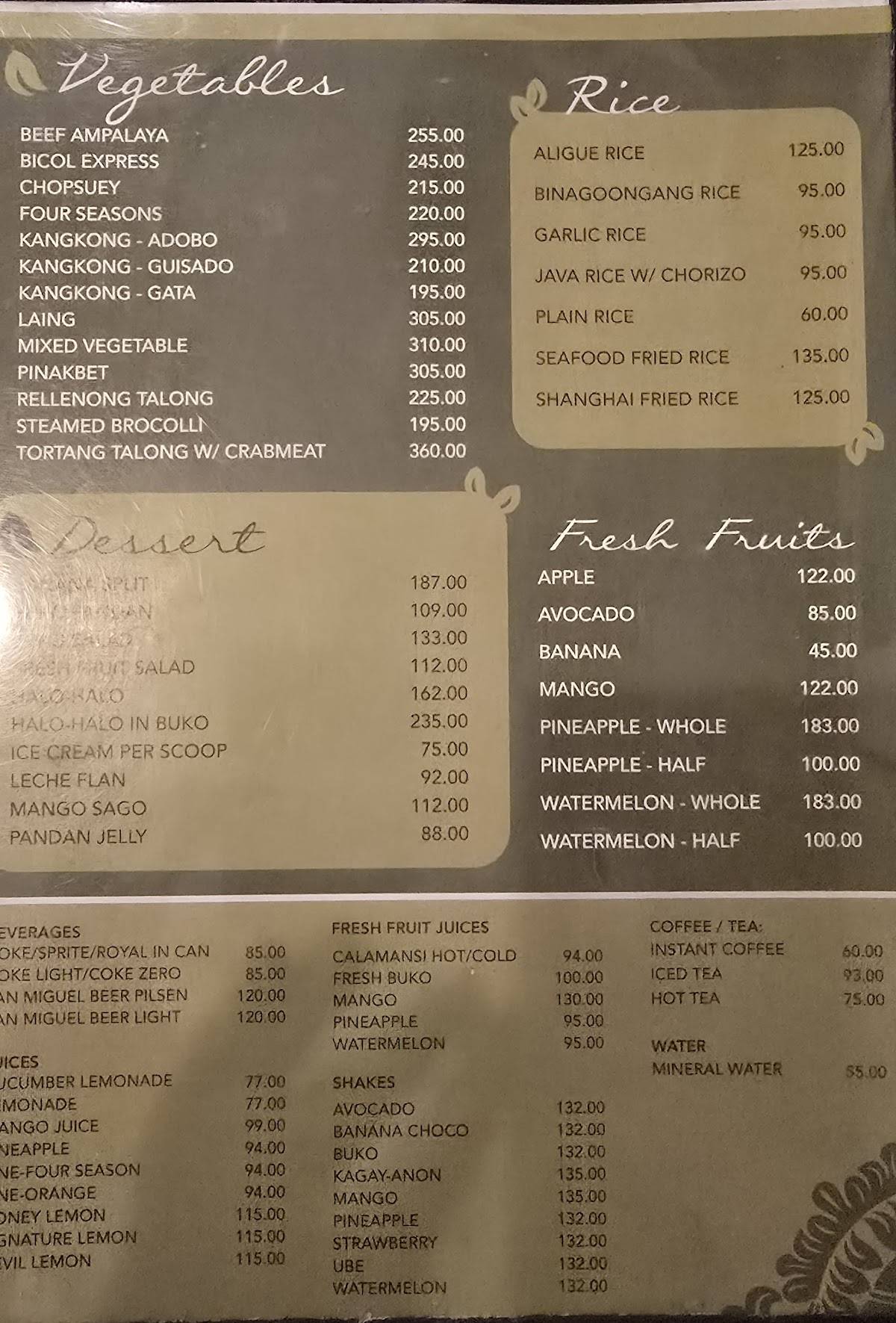 Menu at Kagay-anon Restaurant, Cagayan de Oro