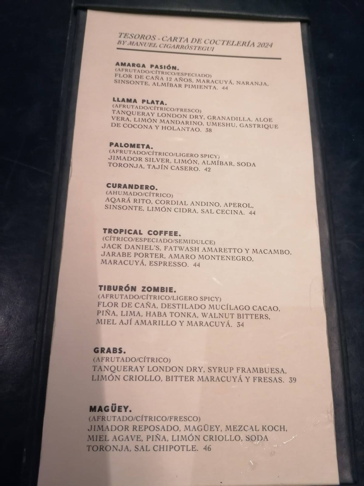 Carta de Cala Restaurante & Lounge, Barranco, Cto. de Playas