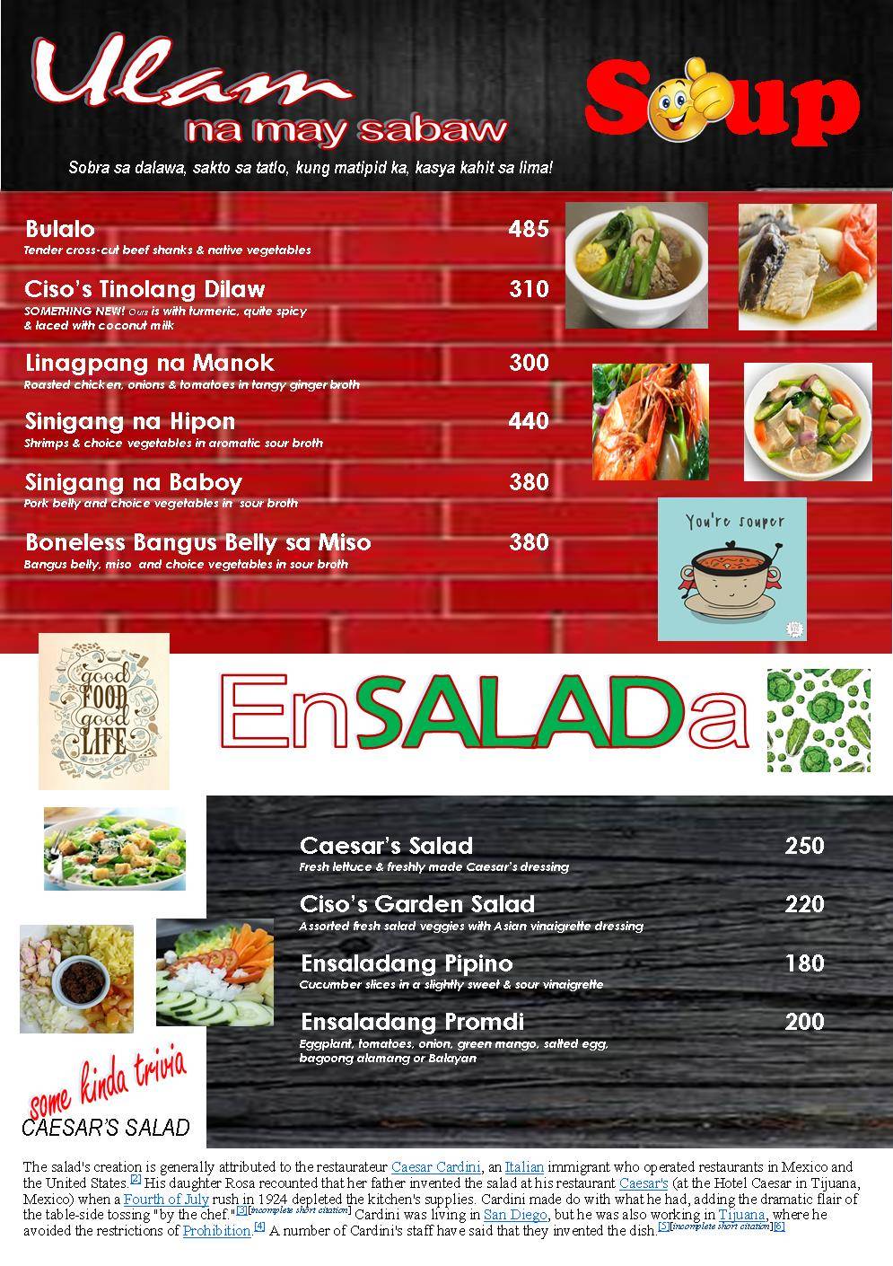 Menu at Ciso's Grill Bar and Restaurant, Calamba, 54PP+PGC