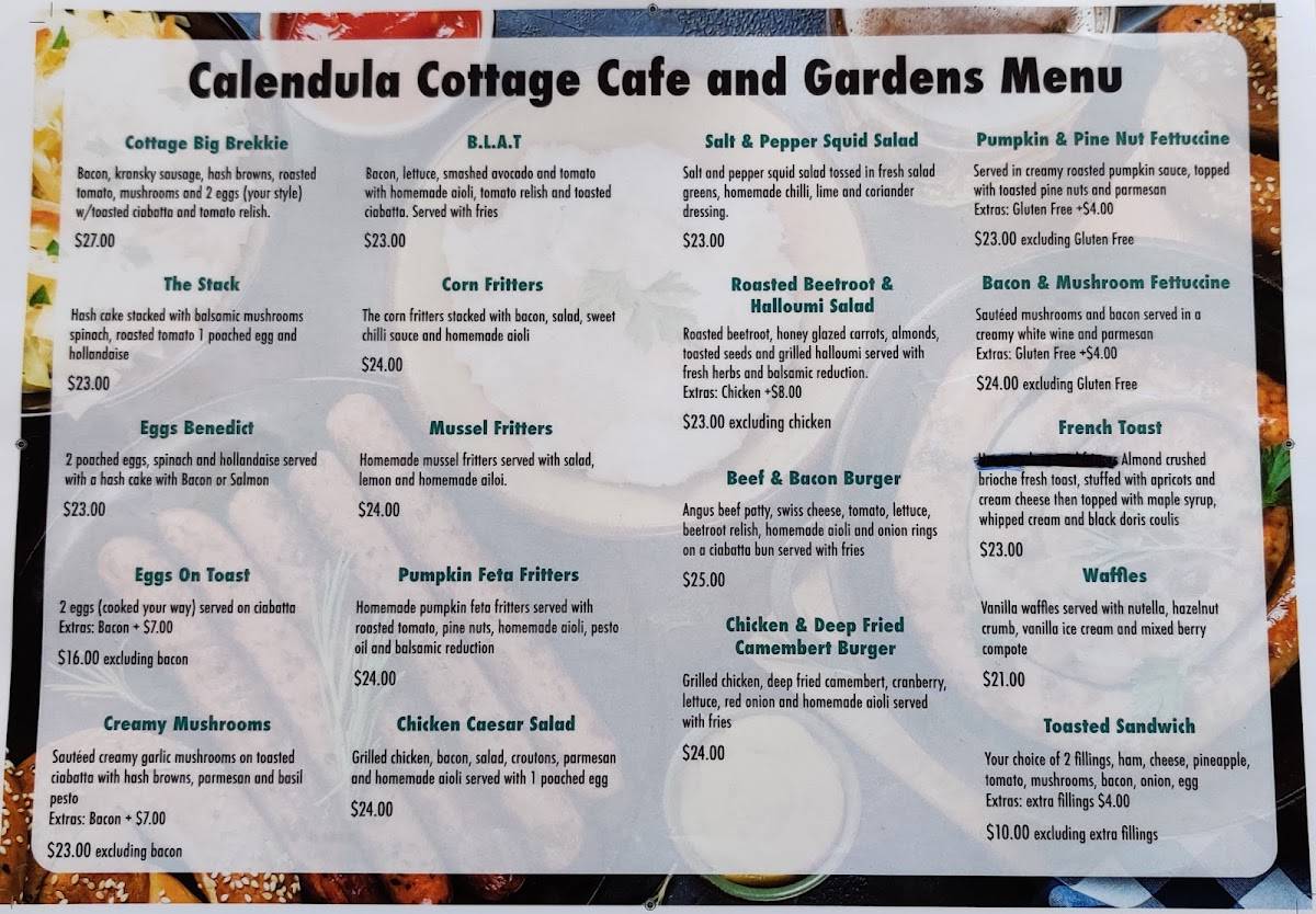 Menu at Calendula Cottage Cafe & Gardens, New Zealand