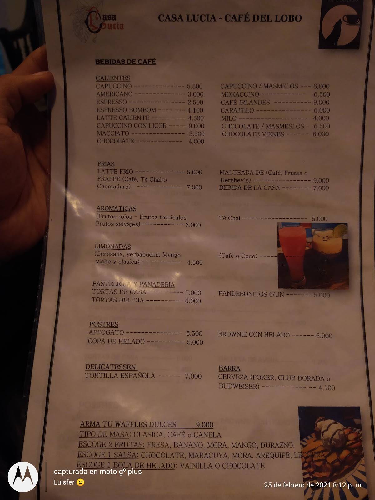 Carta del café Casa Lucia, Cali