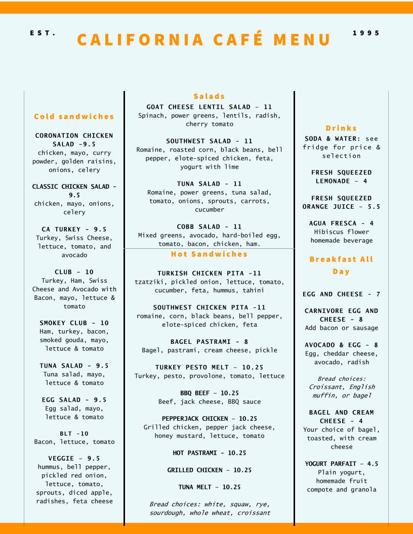 Menu at California Cafe, Carlsbad, Faraday Ave Ste C
