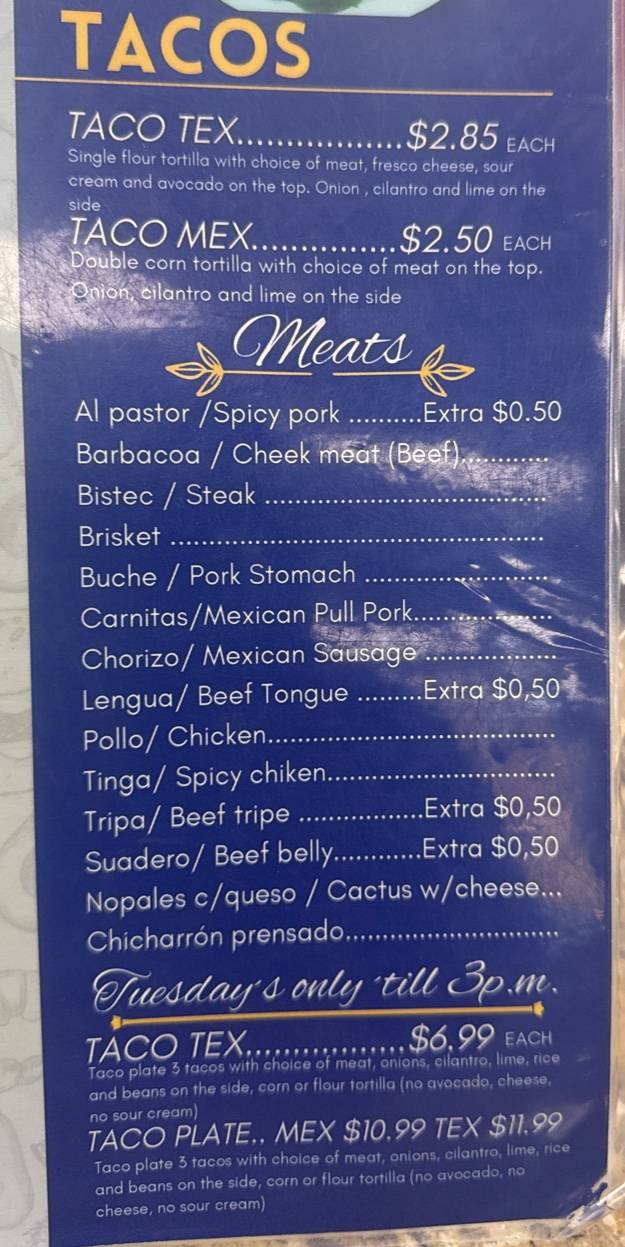 Menu at Calles De Mexico Taco Shop - Tex Mex restaurant, The Colony