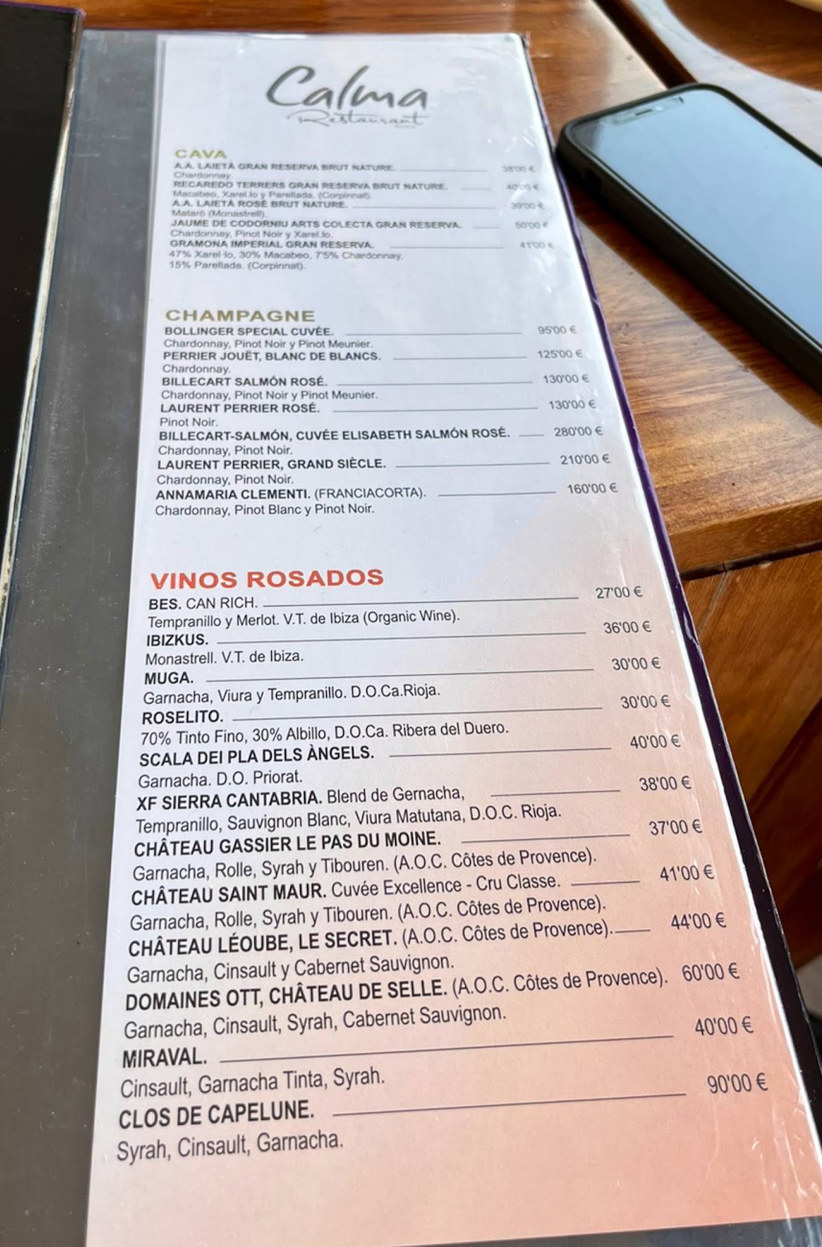 Menu at Calma restaurant, Ibiza