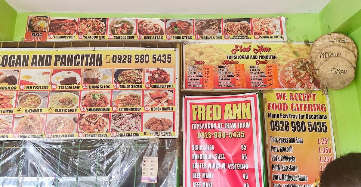 Menu at Fred-Ann Tapsilogan at Pancitan restaurant, Caloocan