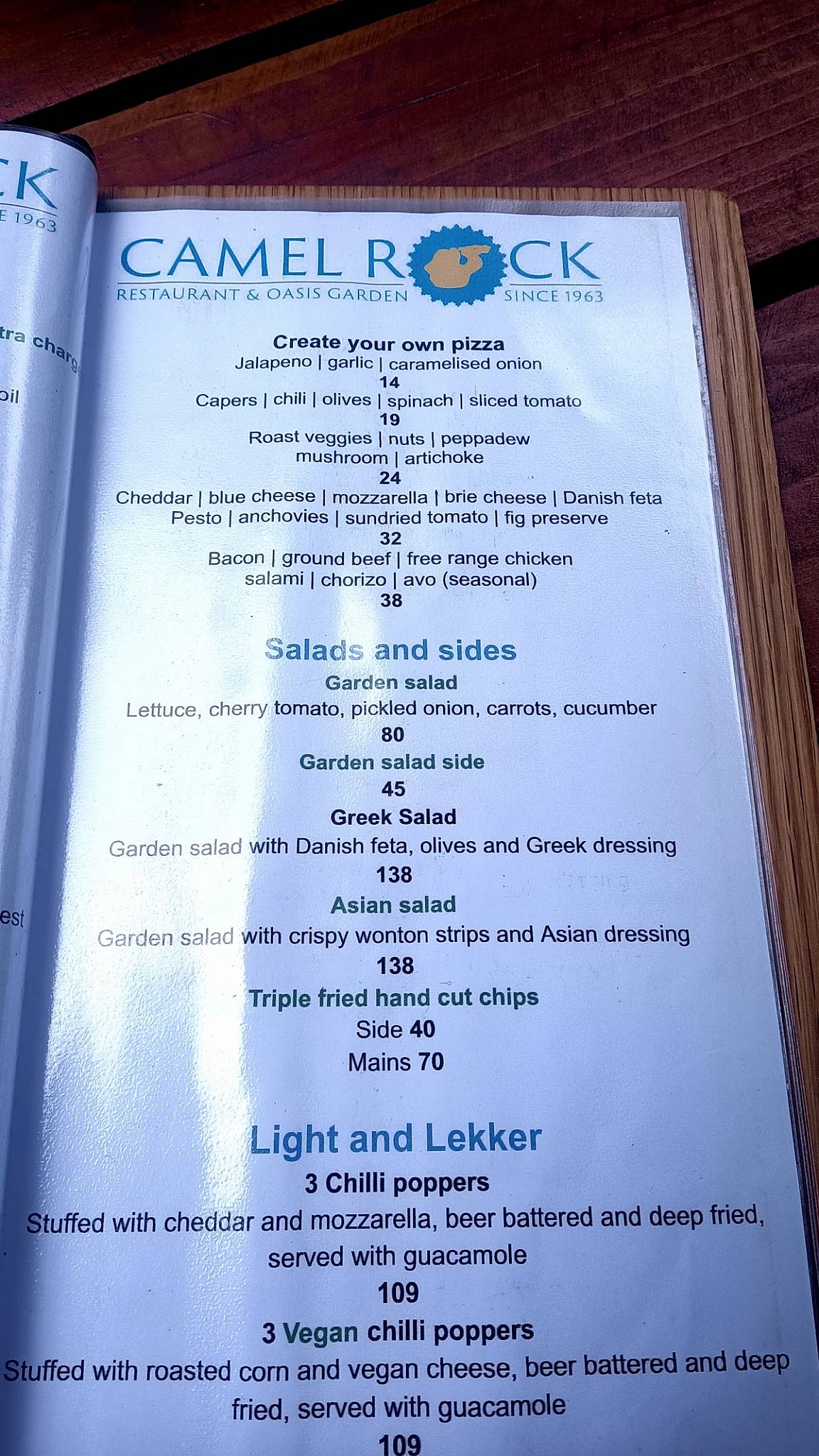 Menu at Camel Rock Restaurant, Cape Town, Main Road