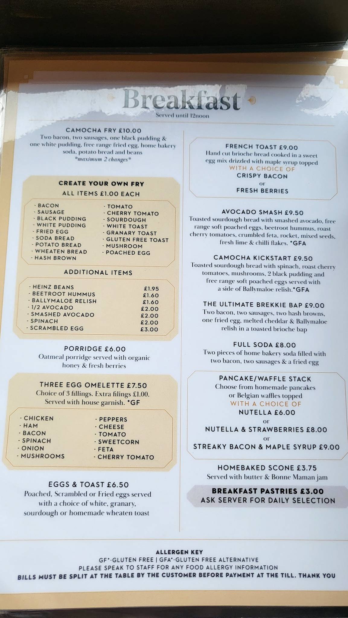 Menu at Camocha cafe, Camlough