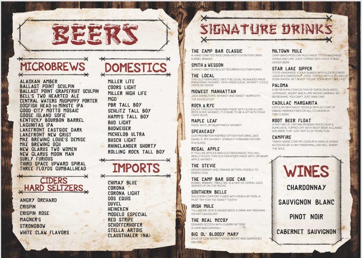 Menu at Camp Bar Shorewood, Shorewood, N Oakland Ave