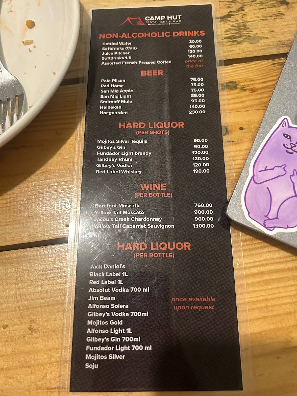 Menu at Camp Hut Restaurant, Taguig
