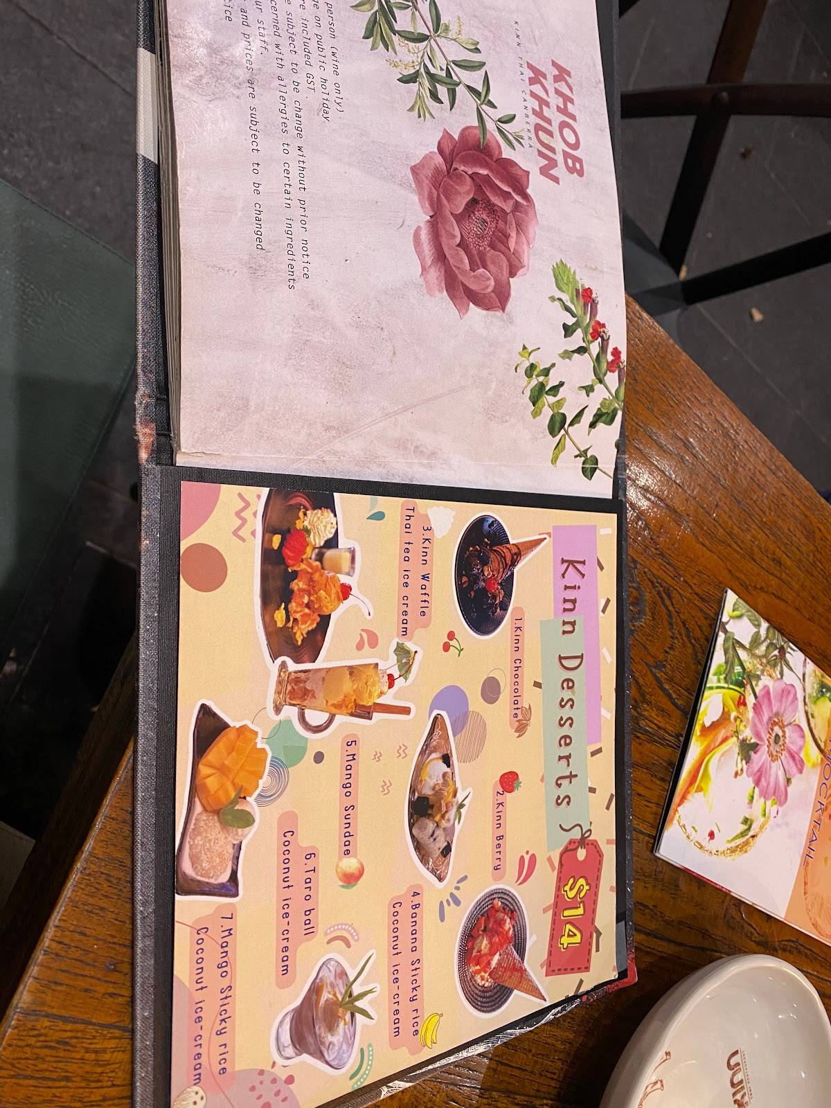 Menu at Kinn Thai restaurant, Canberra