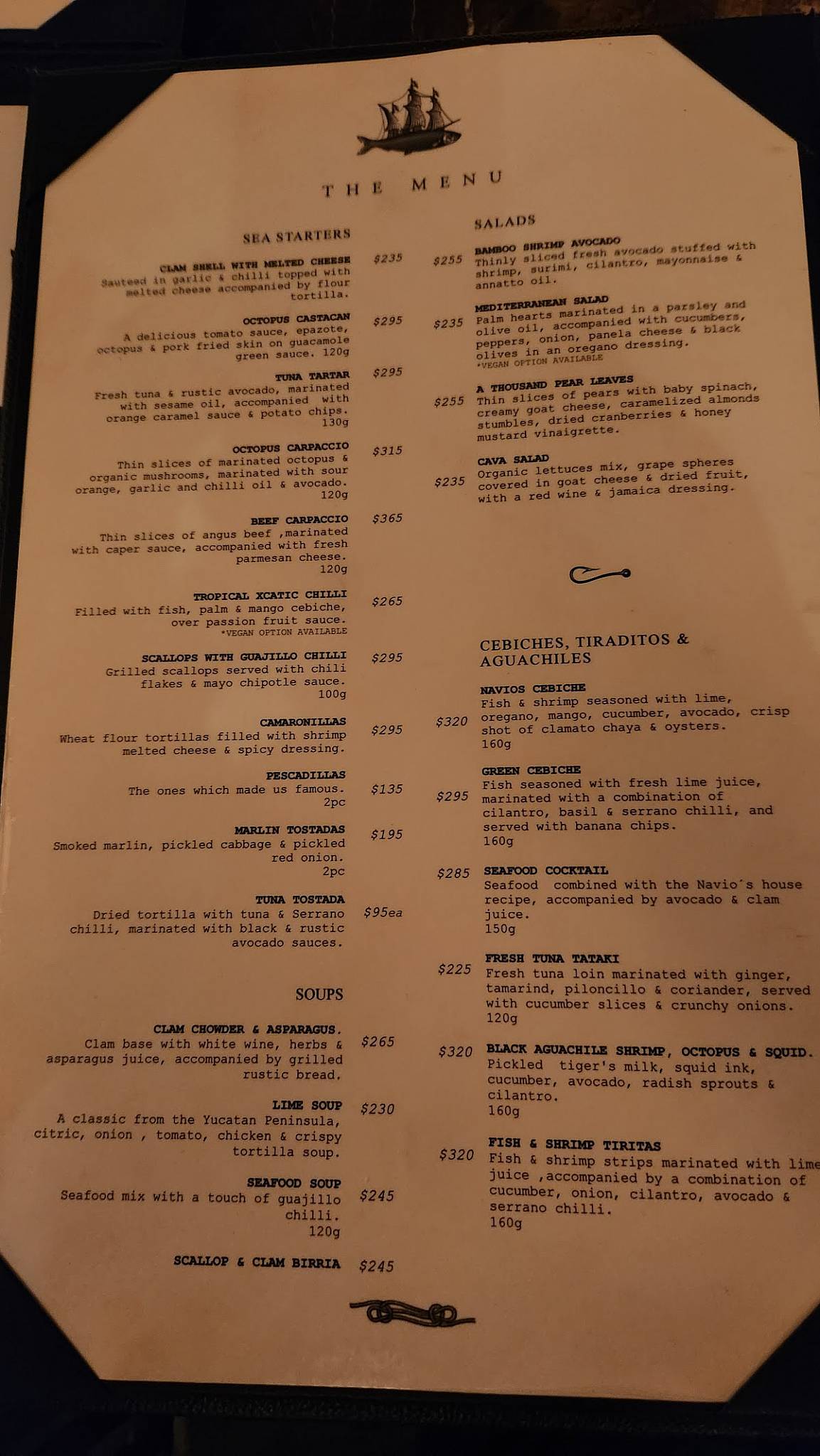 Menu at Navíos restaurant, Cancún