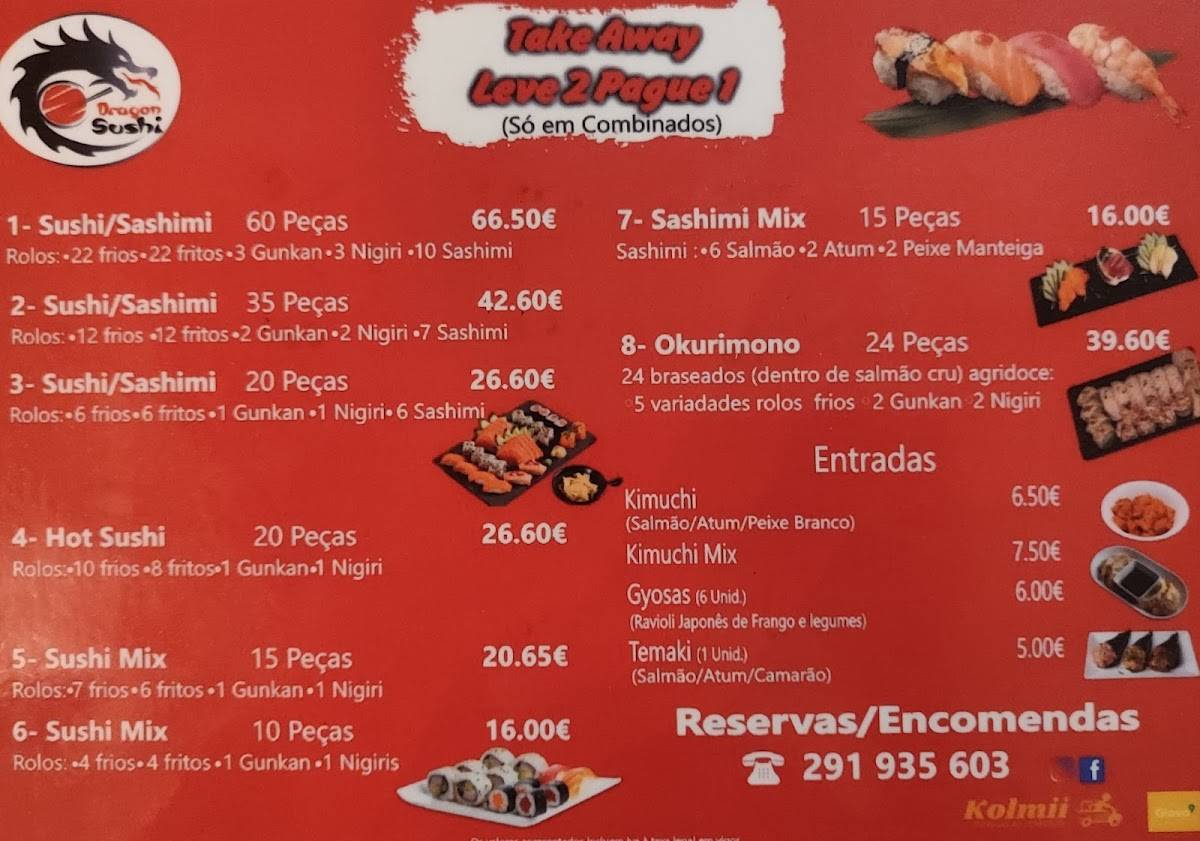 Menu at Dragon Sushi restaurant, Caniço