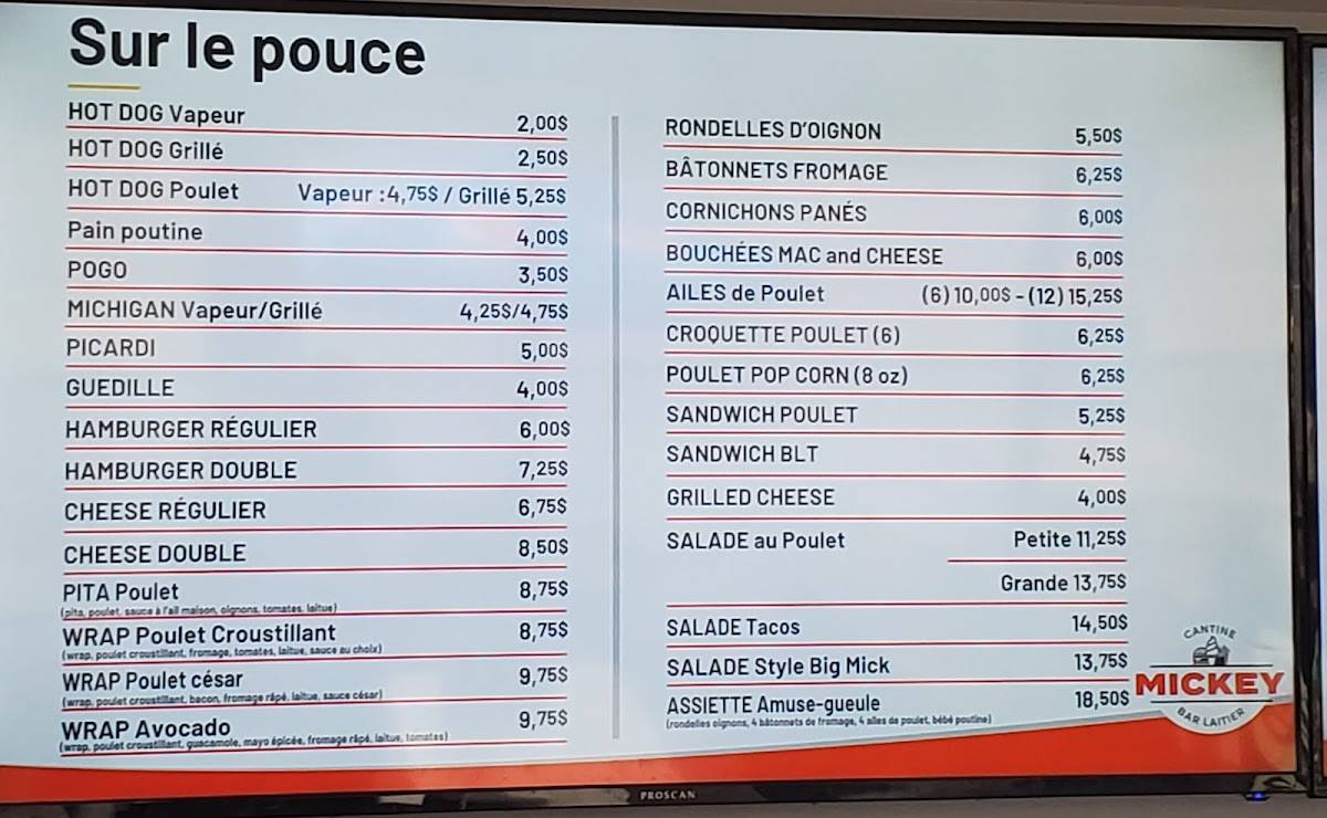 Menu au Cantine et bar laitier Mickey, Napierville