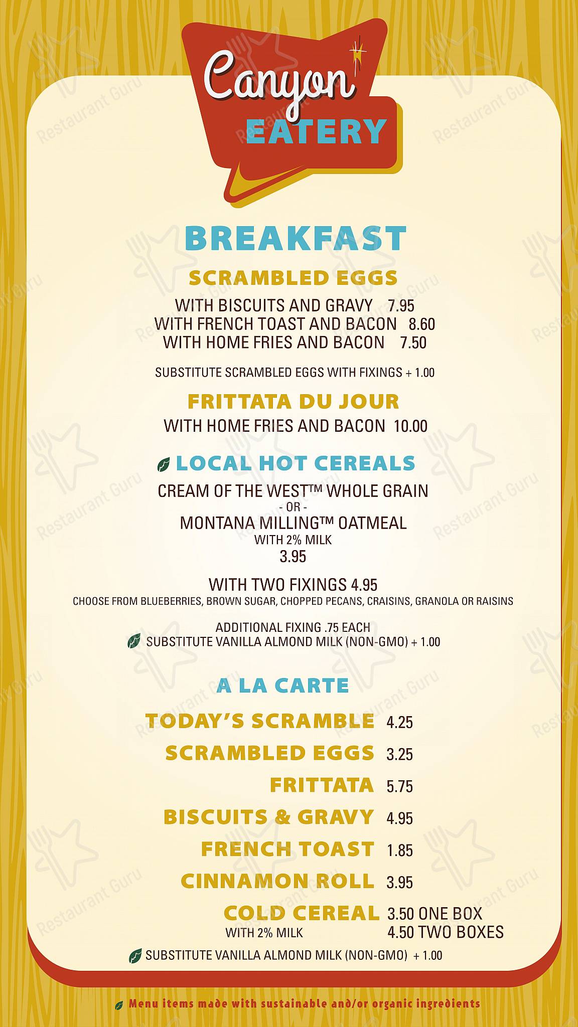 Menu at Canyon Eatery cafeteria, USA, Yellowstone National Park