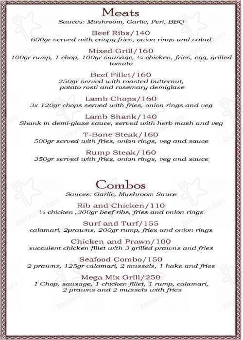 Menu at Alhambra Restaurant, Cape Town