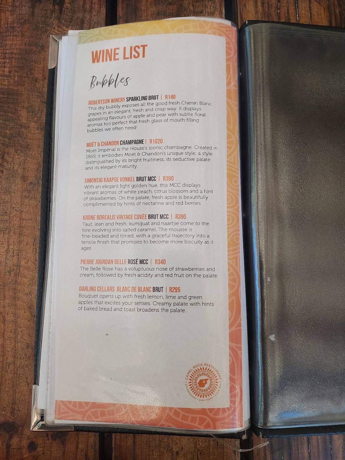 Menu at Camel Rock Restaurant, Cape Town, Main Road
