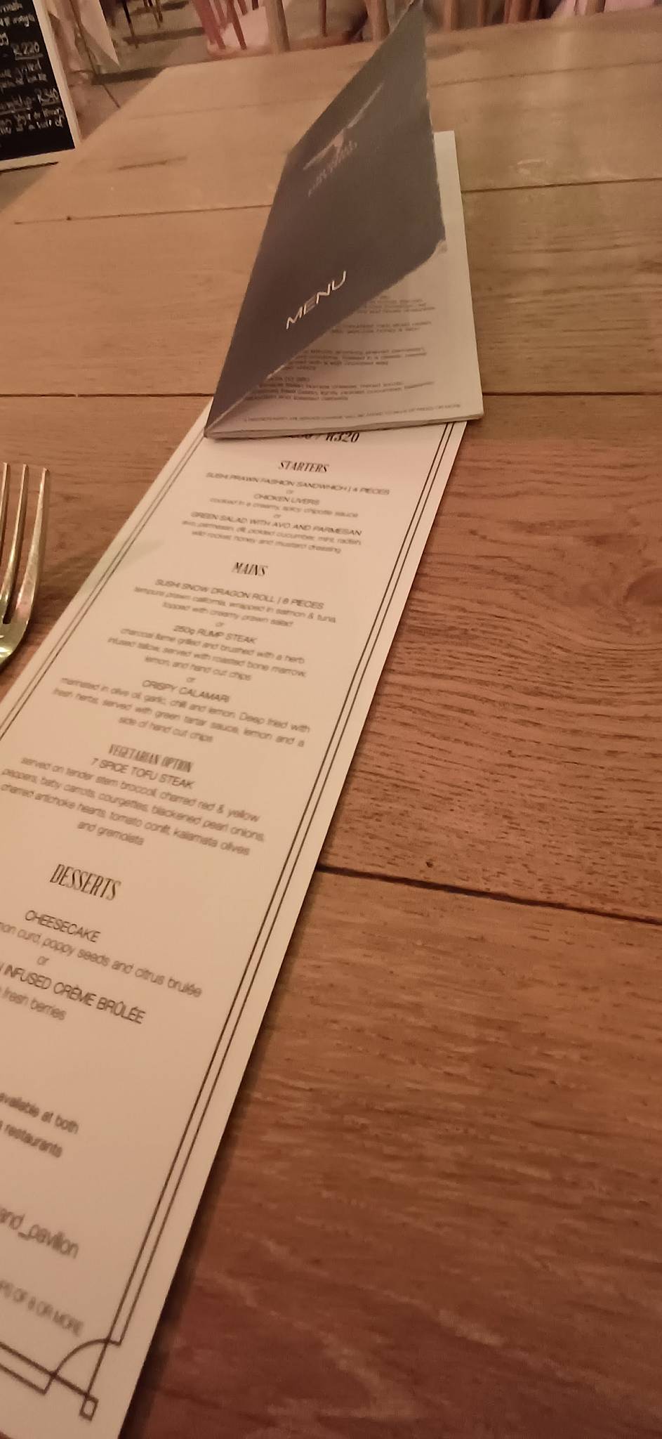 Menu at Grand Pavilion restaurant, Cape Town