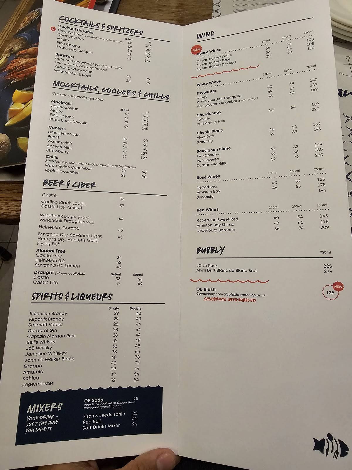 Menu at Ocean Basket Strand restaurant, Cape Town, 99 Beach Rd