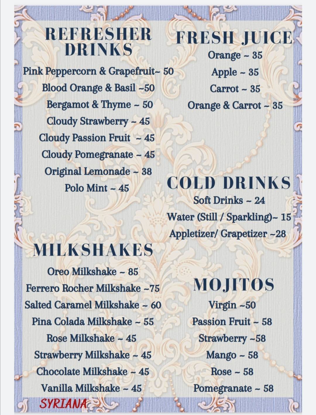 Menu at Syriana restaurant, Cape Town, 307 Main Rd