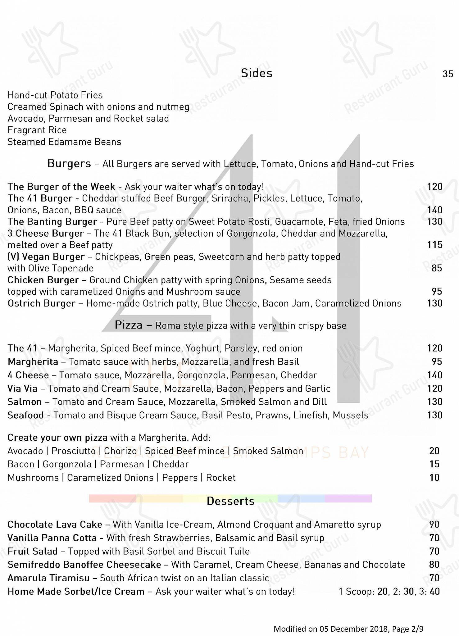 Menu at The 41 restaurant, Cape Town
