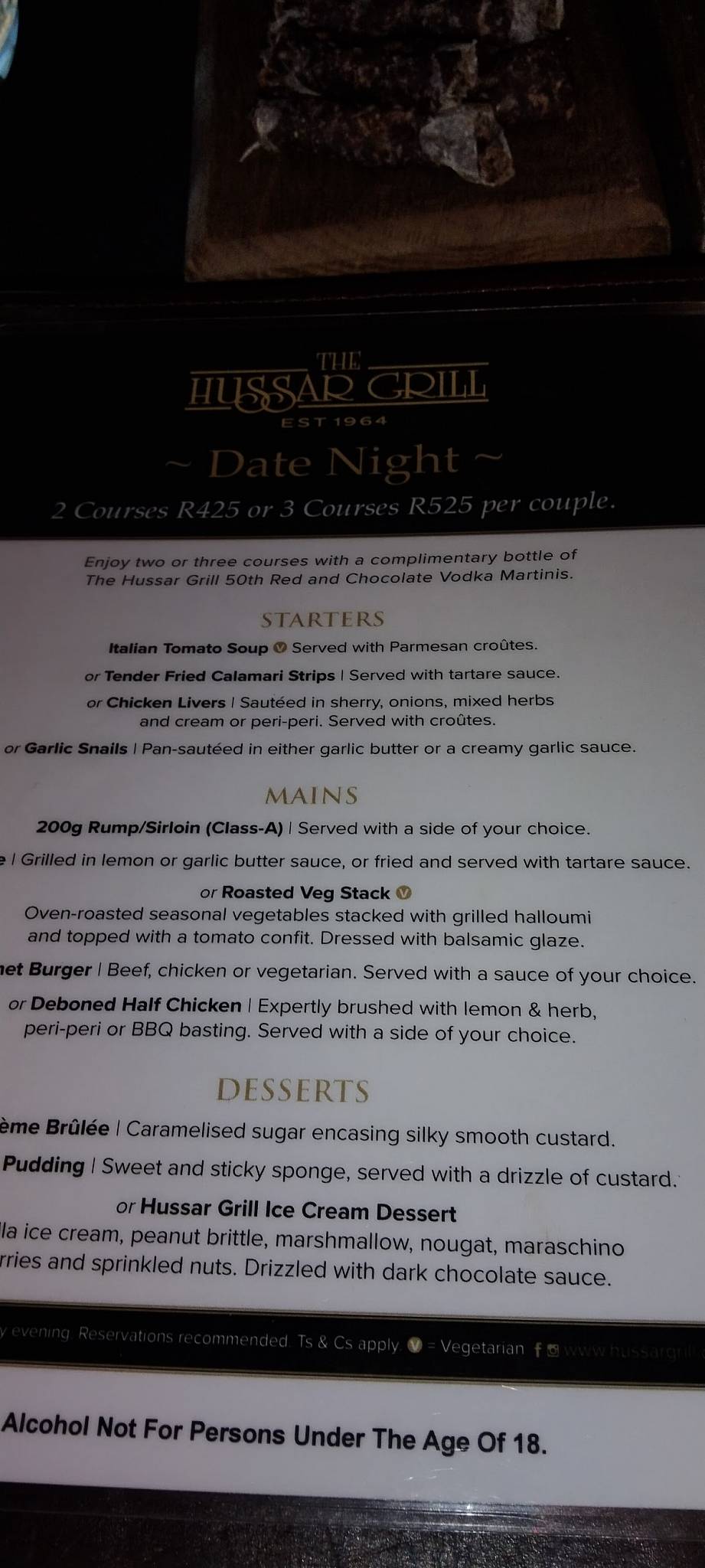 Menu at The Hussar Grill Century City restaurant, Cape Town