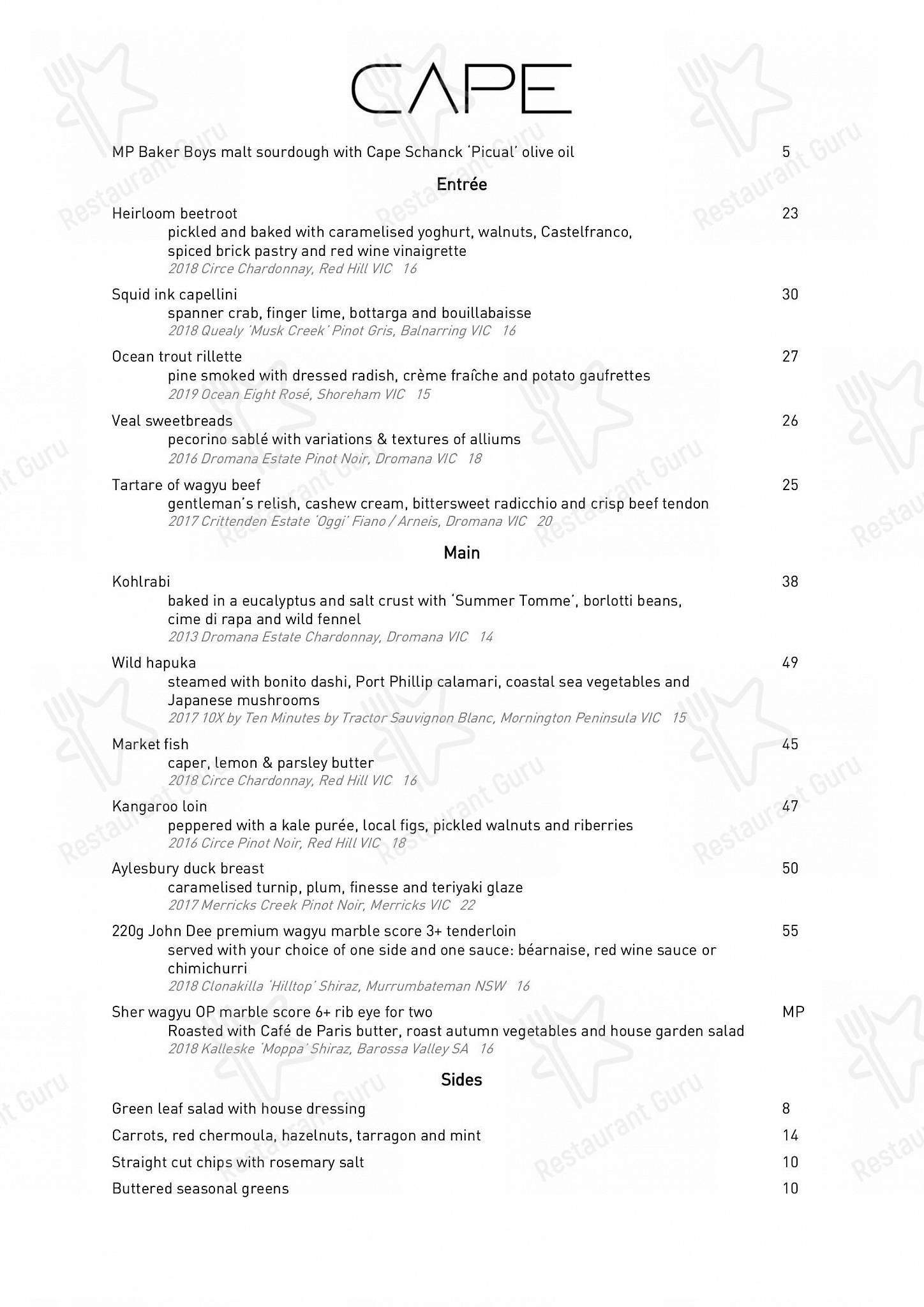 Menu at Cape Restaurant, Cape Schanck