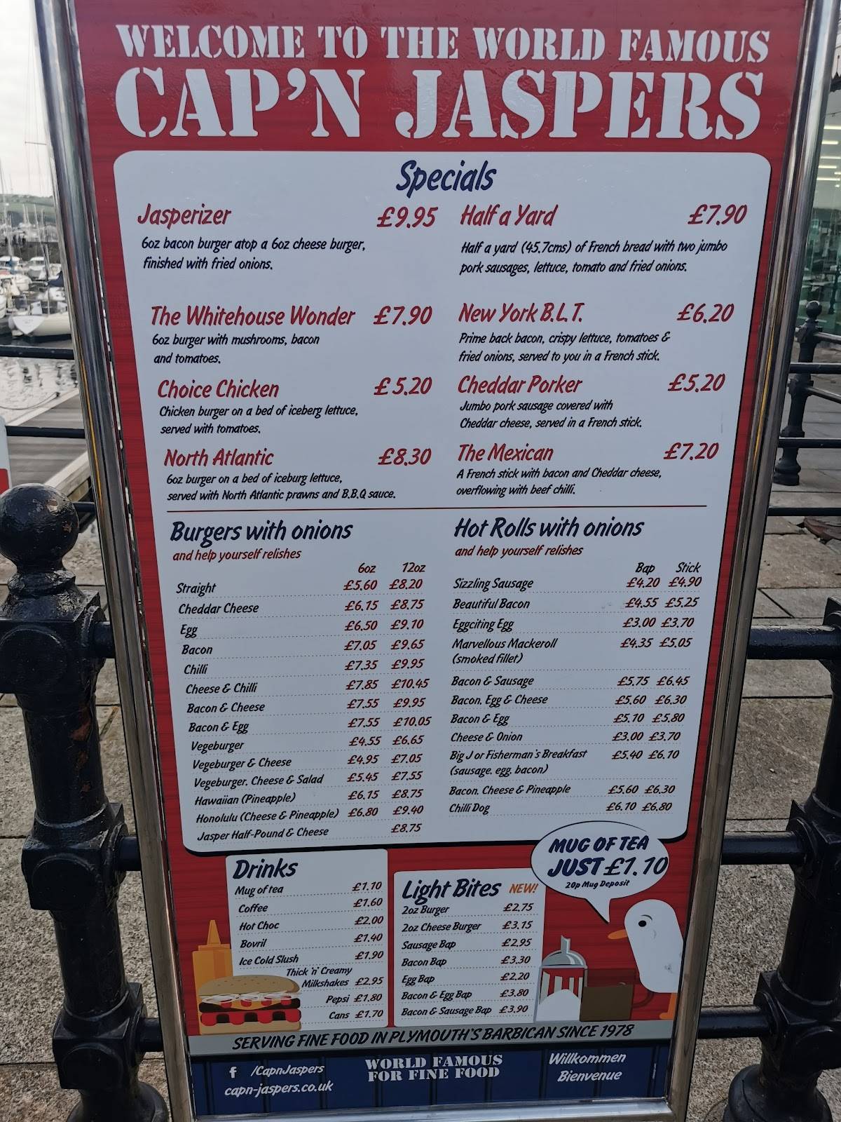 Menu at Cap'n Jaspers fast food, Plymouth, 18 The Barbican