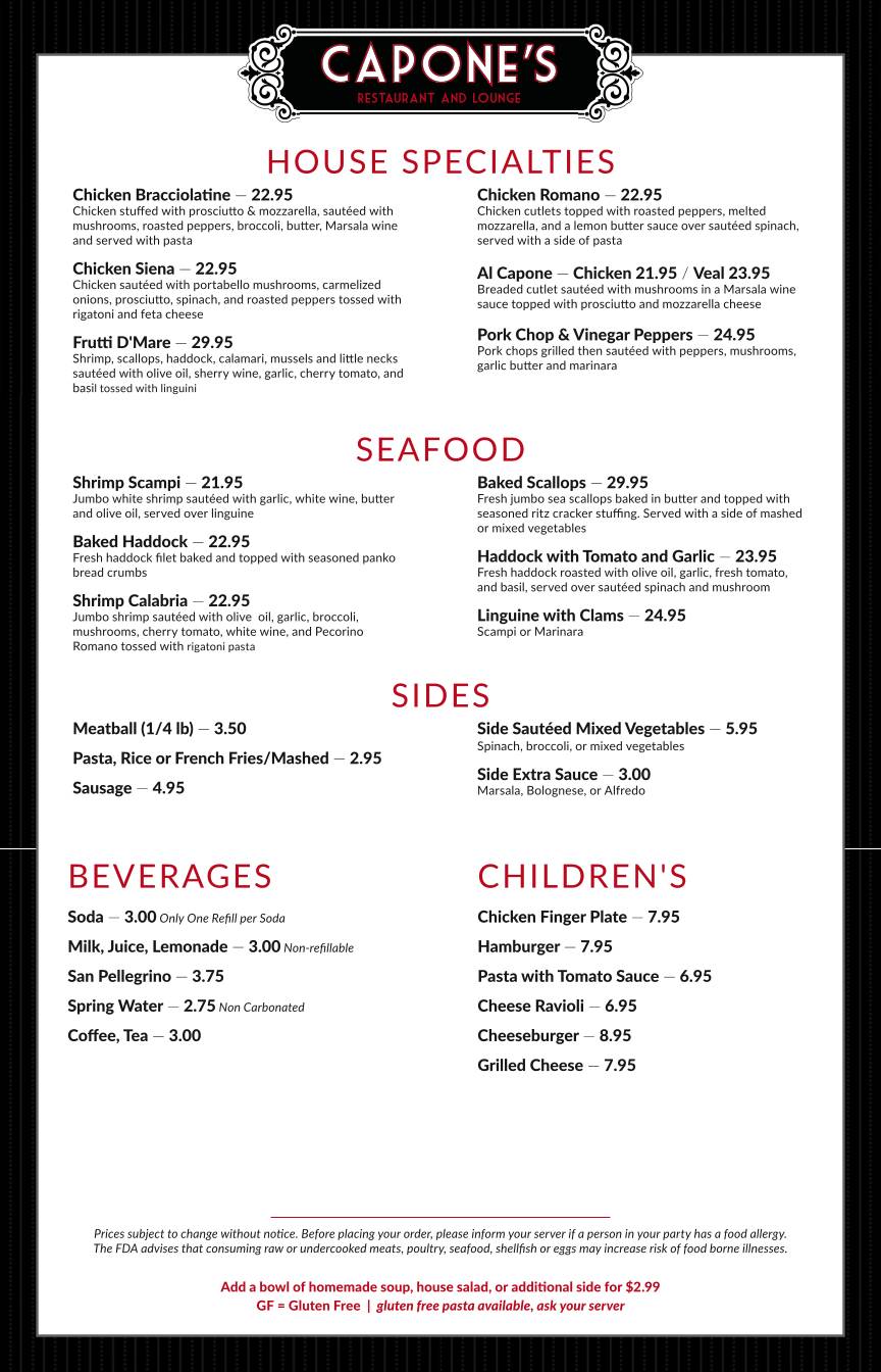 Menu at Capone's Restaurant & Lounge, Peabody
