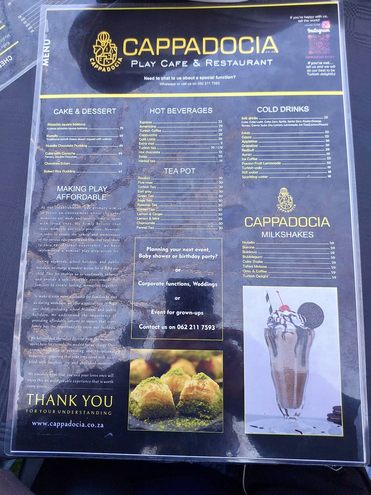 Speisekarte von Cappadocia Play Cafe & Restaurant, Lethabong