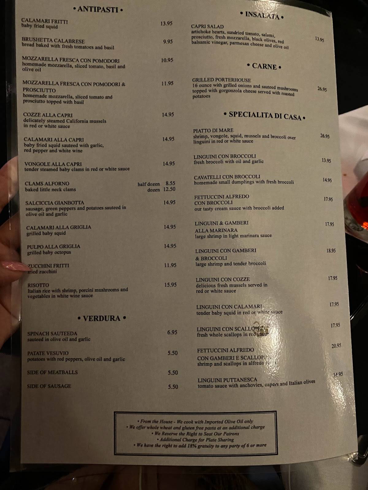 Menu at Capri Ristorante Italiano restaurant, Palos Heights, S Harlem Ave