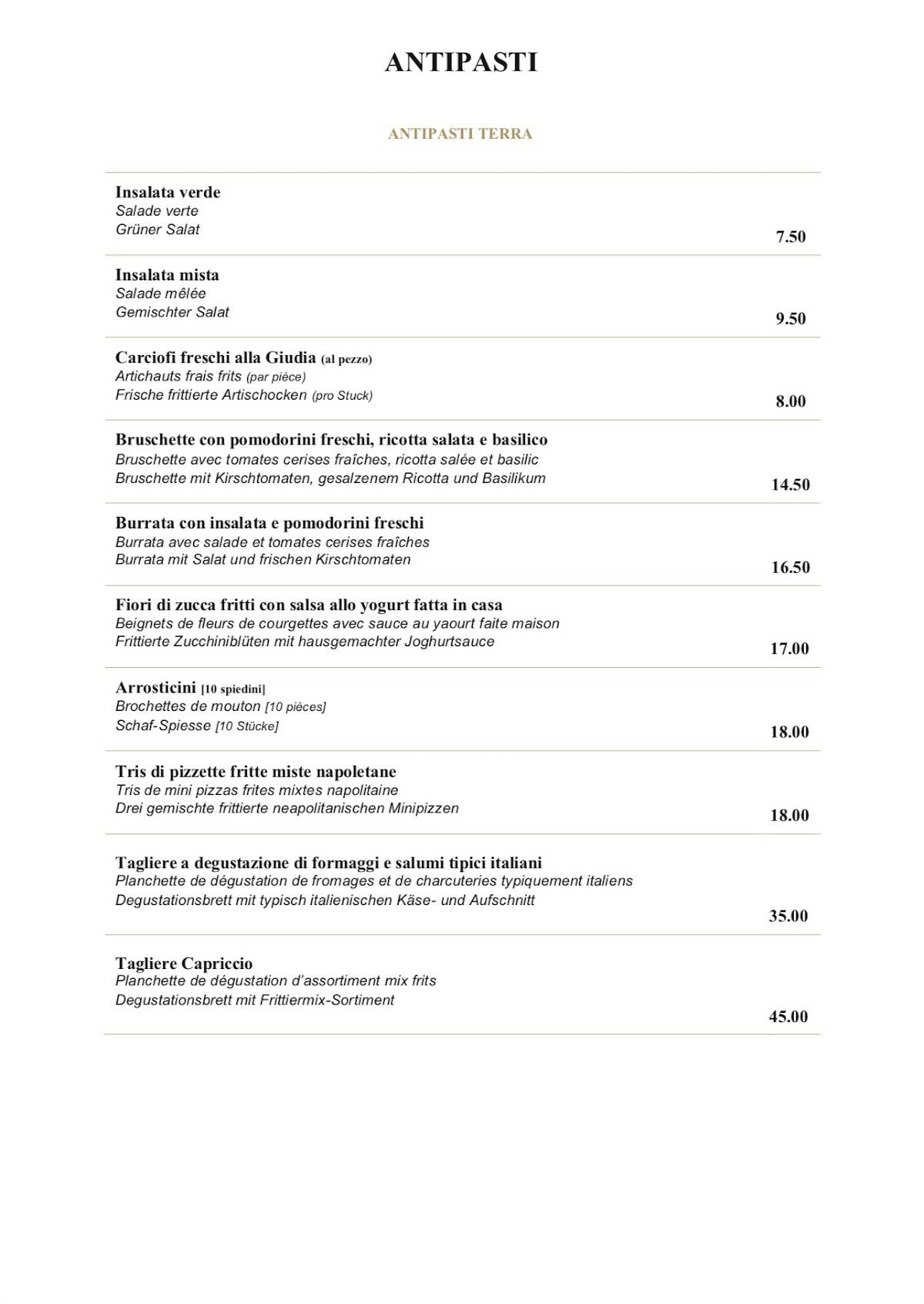 Speisekarte von Ristorante Capriccio, Biel