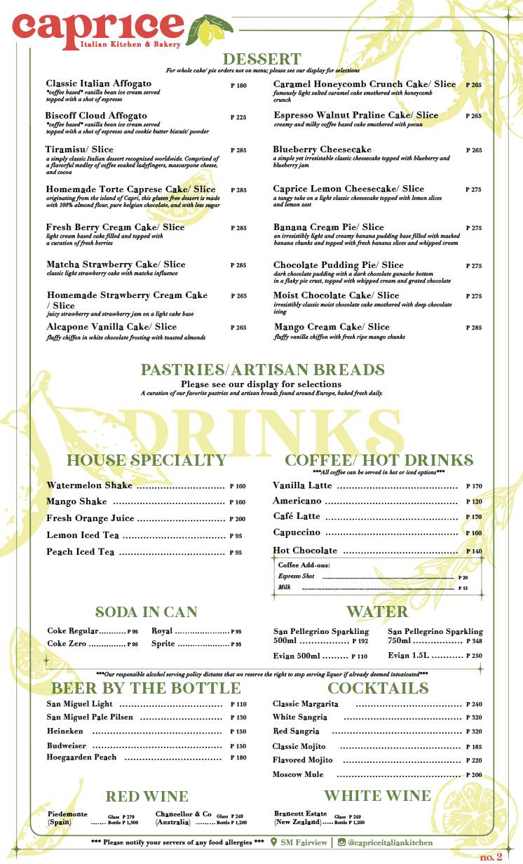 Menu at Caprice Italian Kitchen & Bakery, Quezon City
