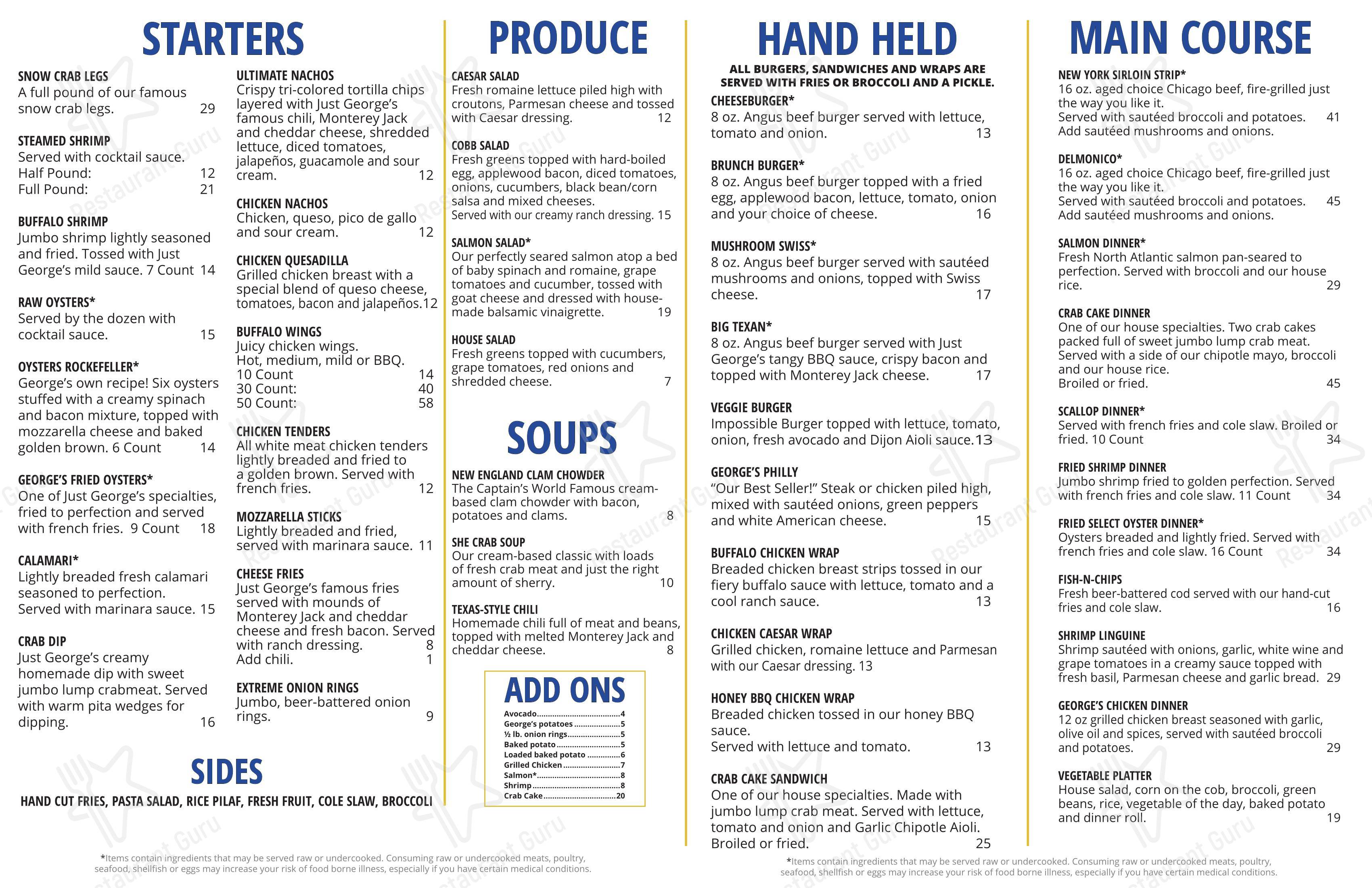 Menu at Captain George's Seafood Restaurant, Myrtle Beach