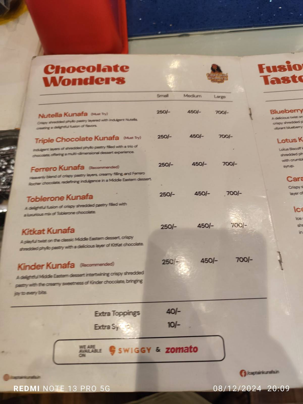 Menu at Captain Kunafa, Hyderabad, Yerrakunta