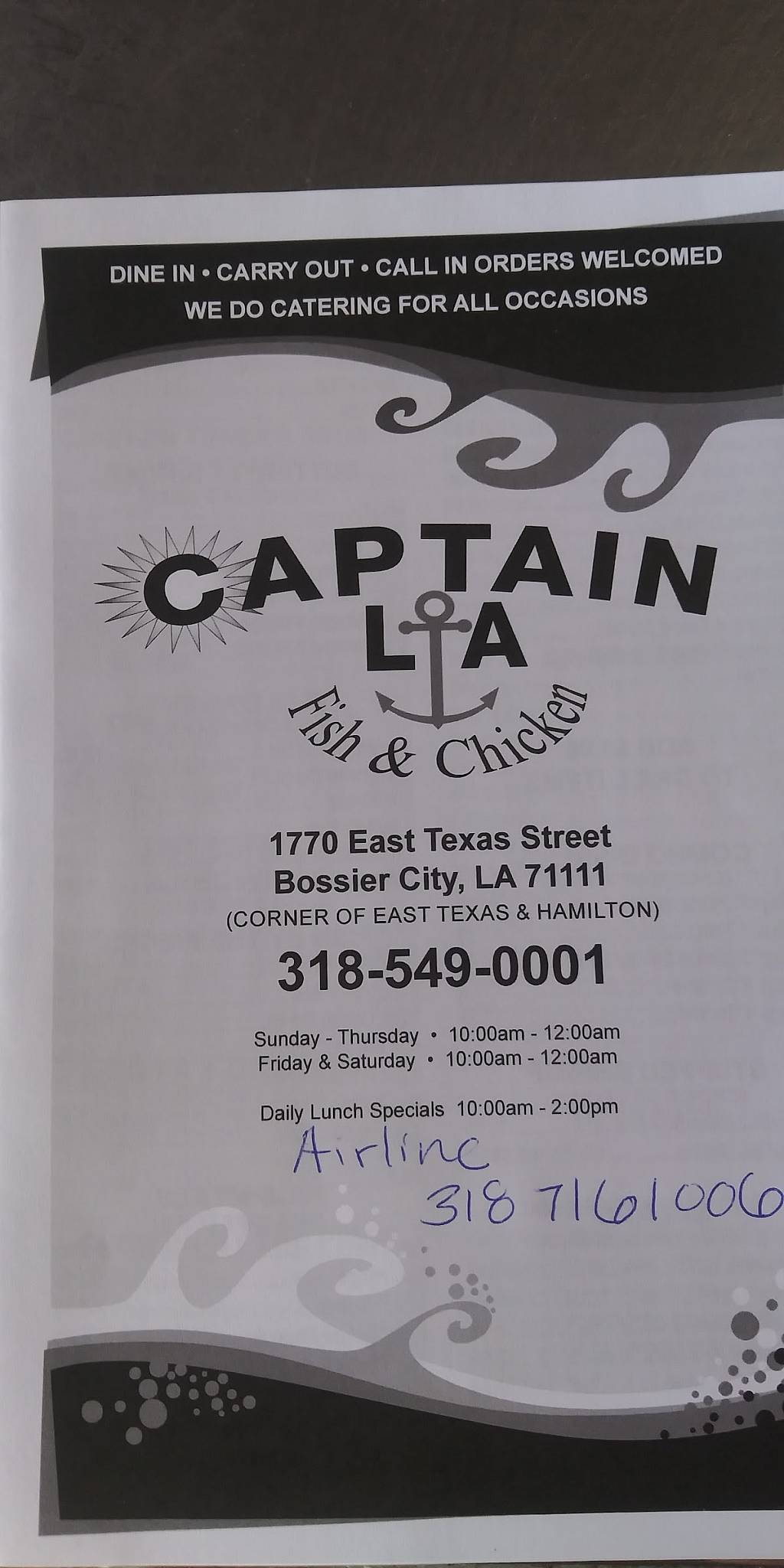 Menu at Captain LA Fish & Chicken restaurant, Bossier City, E Texas St ...