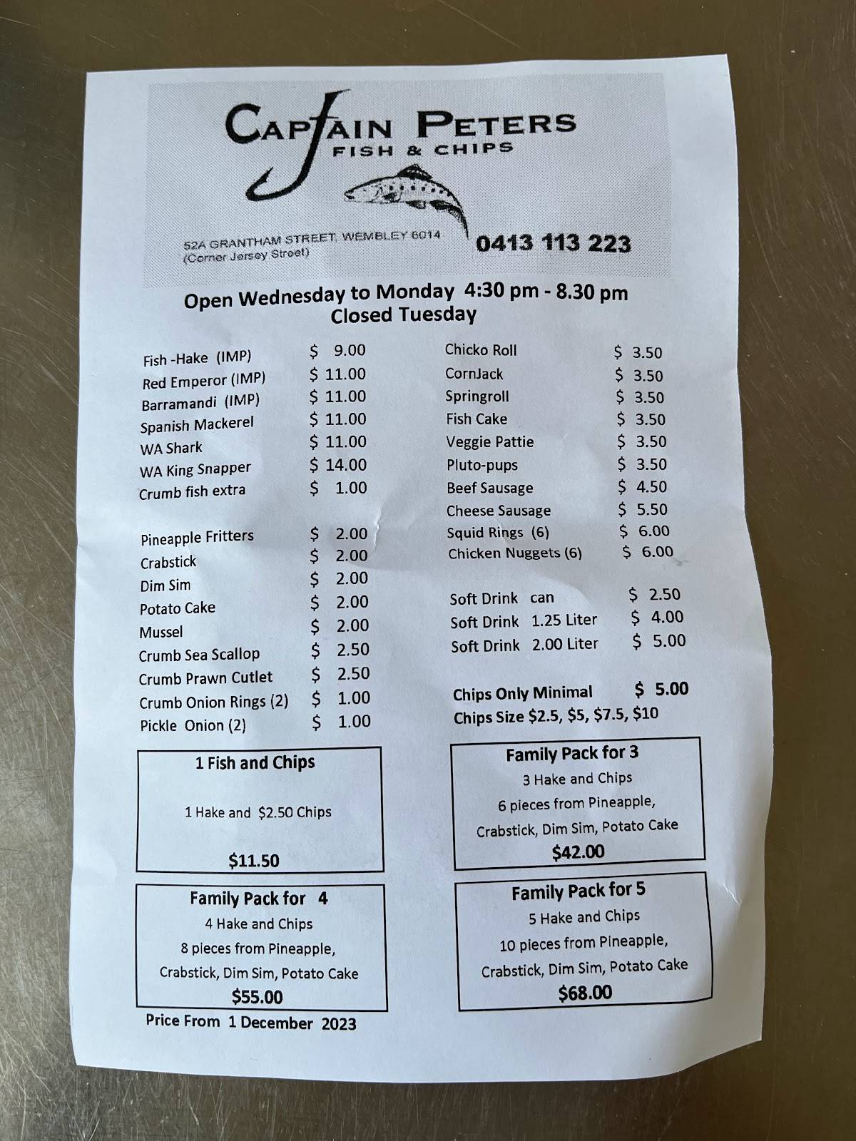 Menu at Captain Peters Fish & Chips fast food, Wembley
