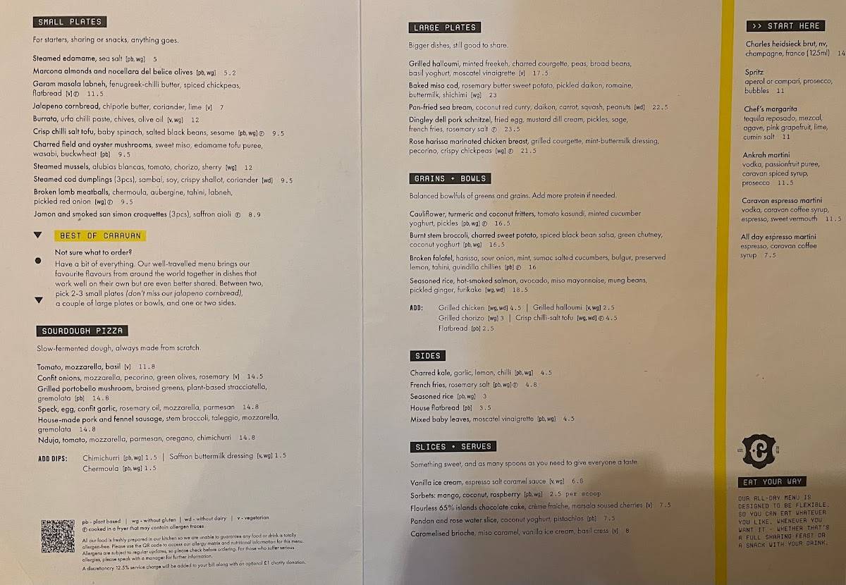 Menu at Caravan Canary Wharf pub & bar, London, Reuters Plaza