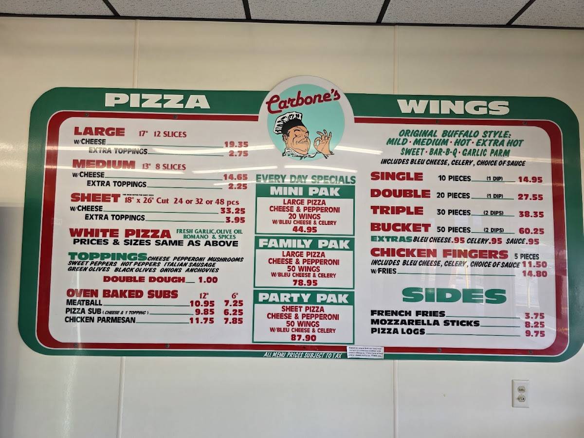 Menu at Carbone's Pizzeria, Rochester, Dewey Ave