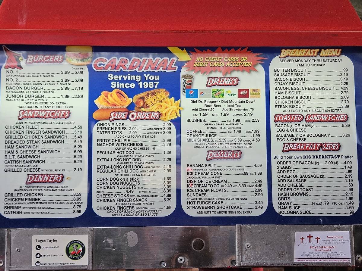 Menu at Cardinal Drive In fast food, Winfield, 364 Bankhead Hwy