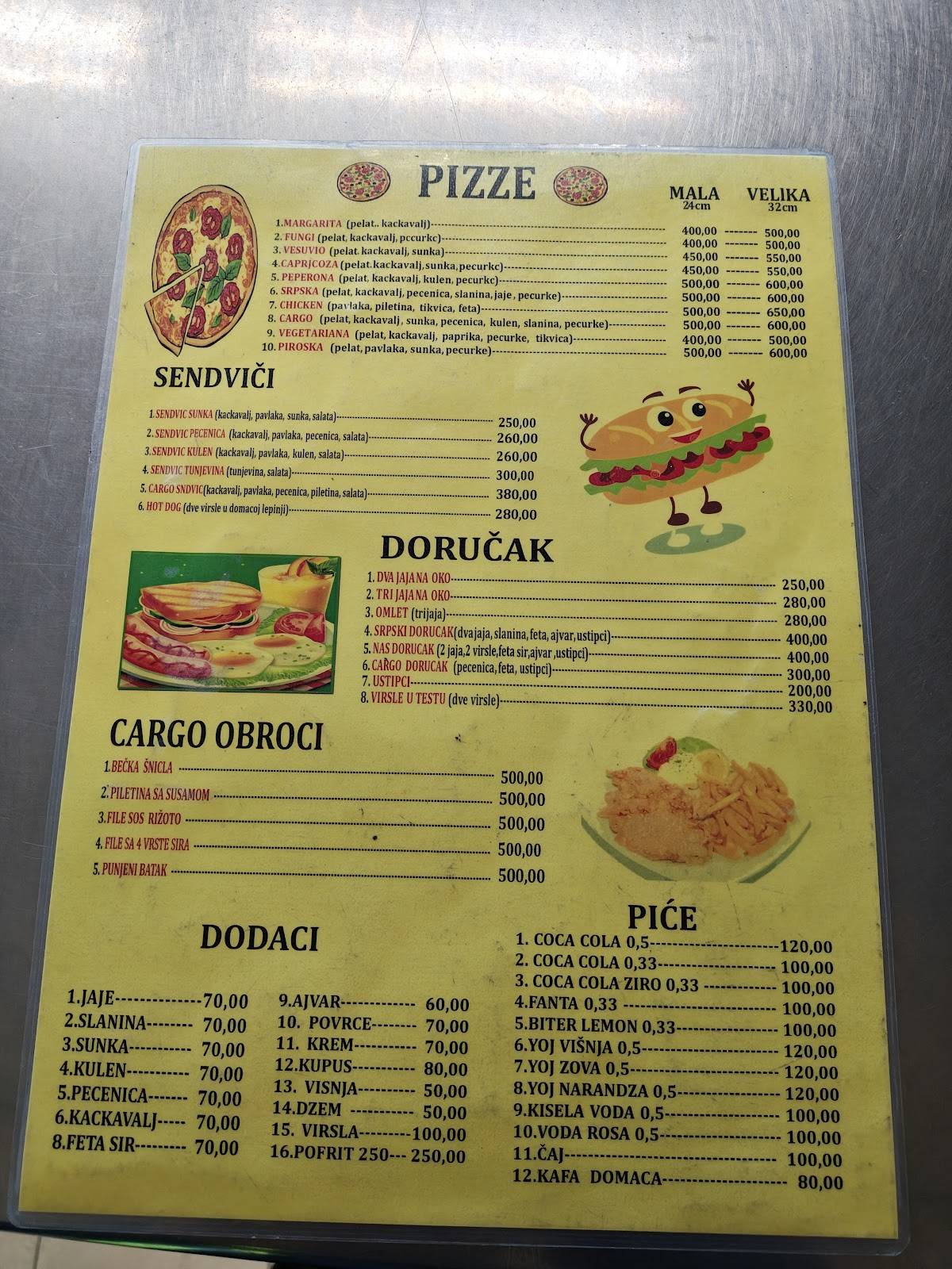 Menu at Cargo Bar, Belgrade