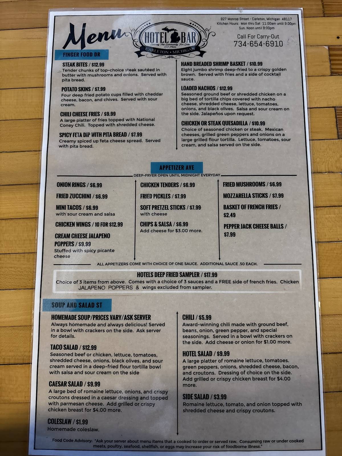 Menu at Carleton Hotel Bar, Carleton