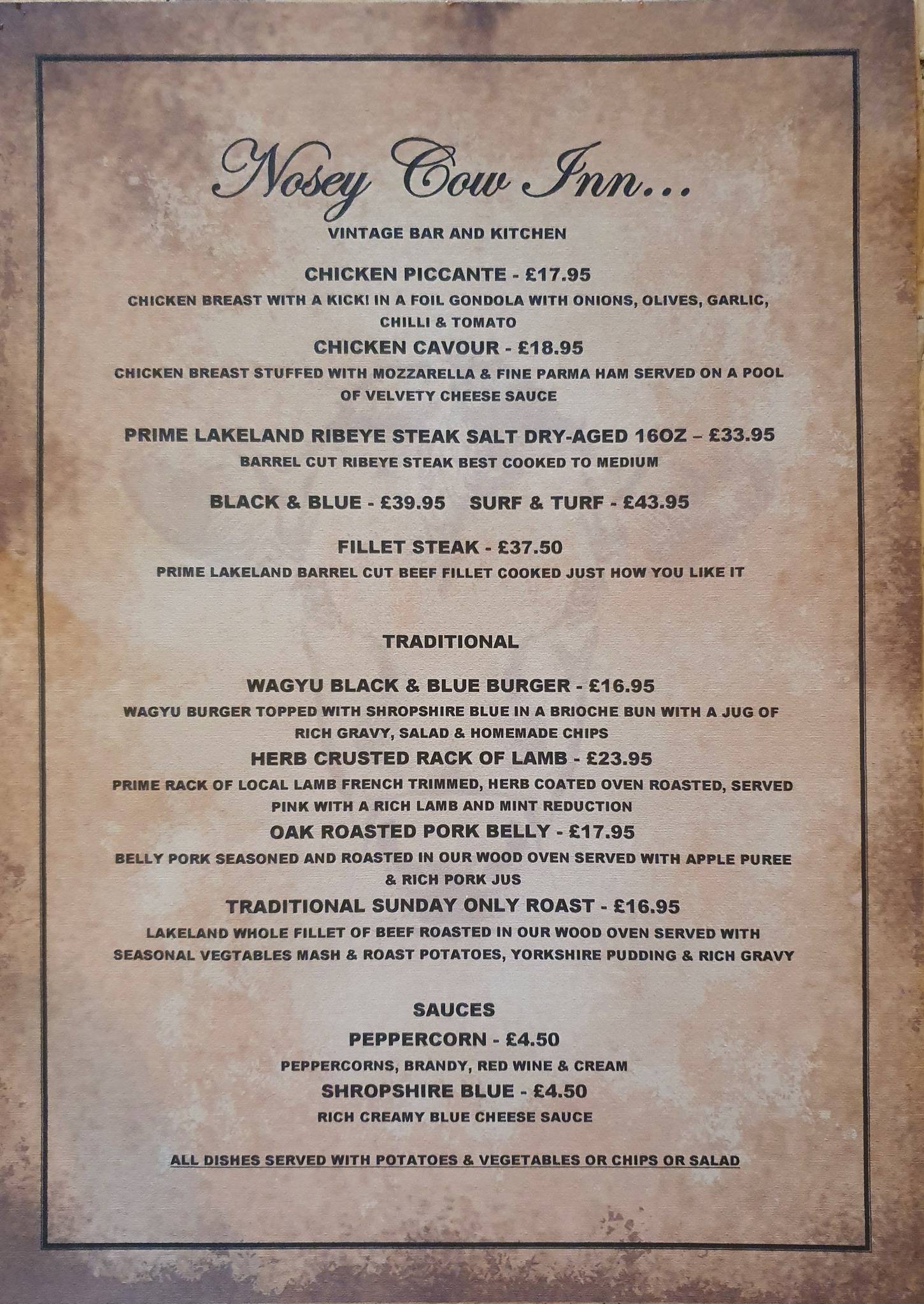 Menu at The Nosey Cow Inn pub & bar, Carlisle