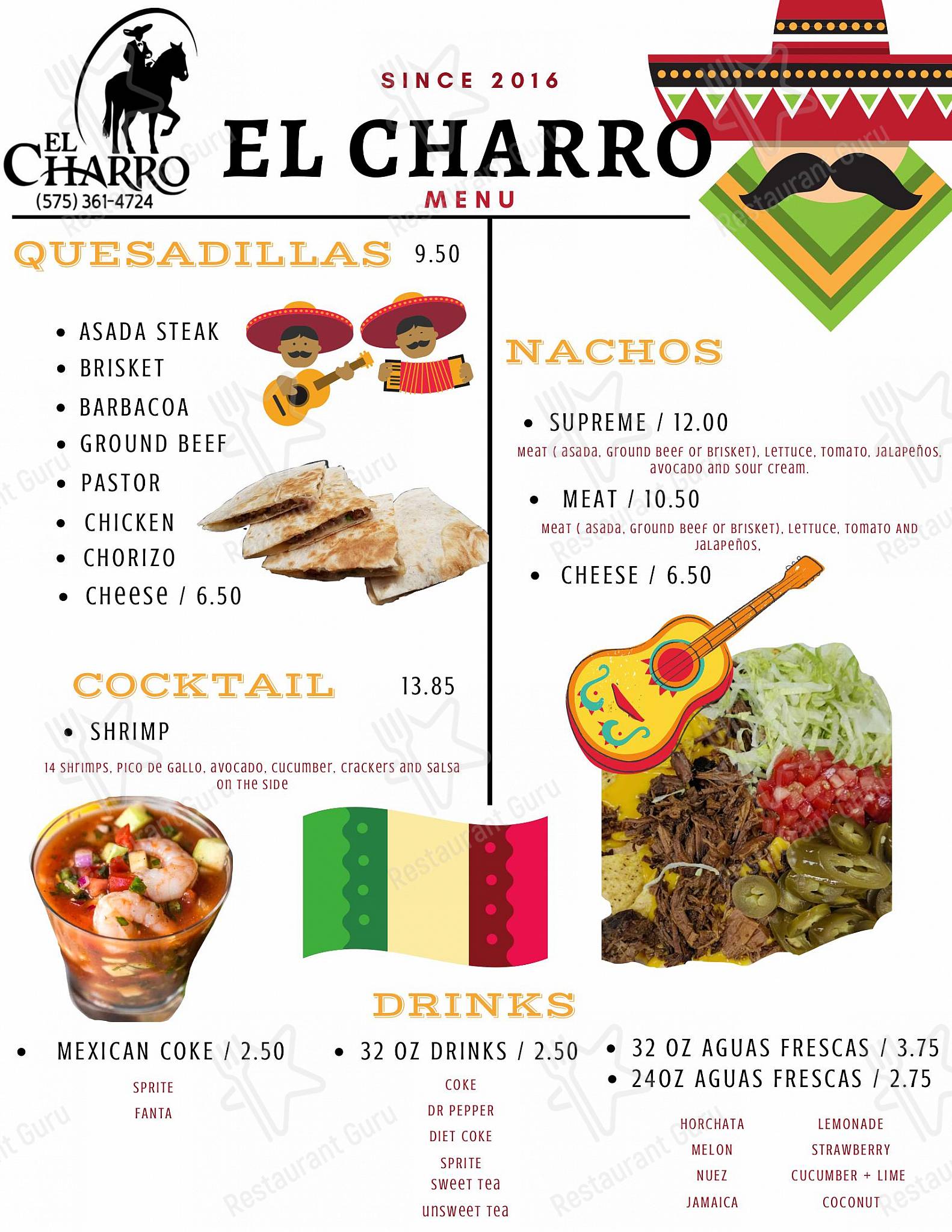 Menu at El Charro restaurant, Carlsbad