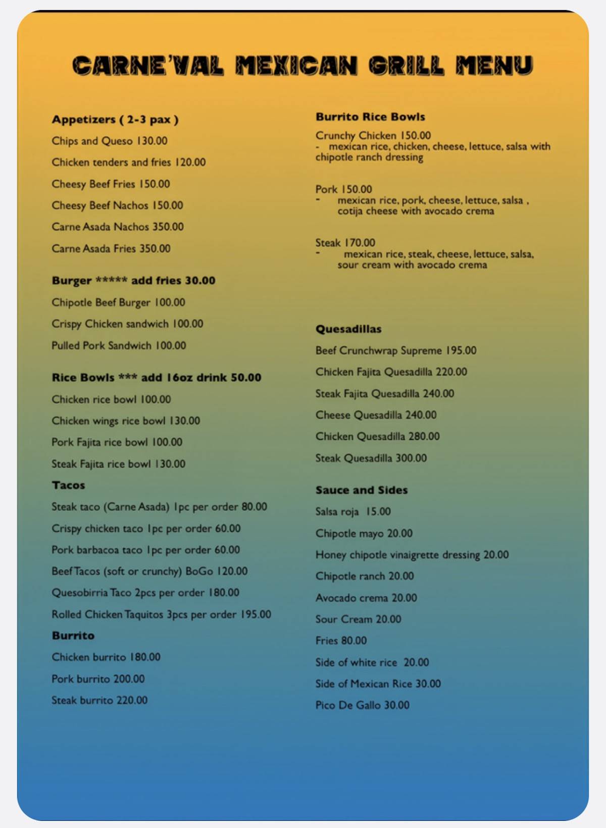 Menu at Carne’val Mexican Grill restaurant, Dagupan