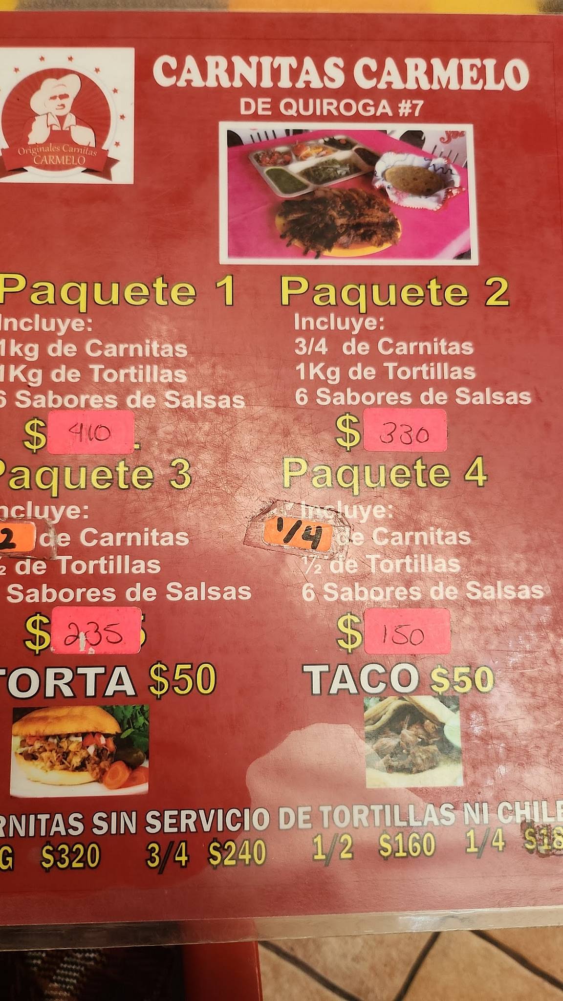 Carta del restaurante Carnitas "Don Carmelo", Morelia