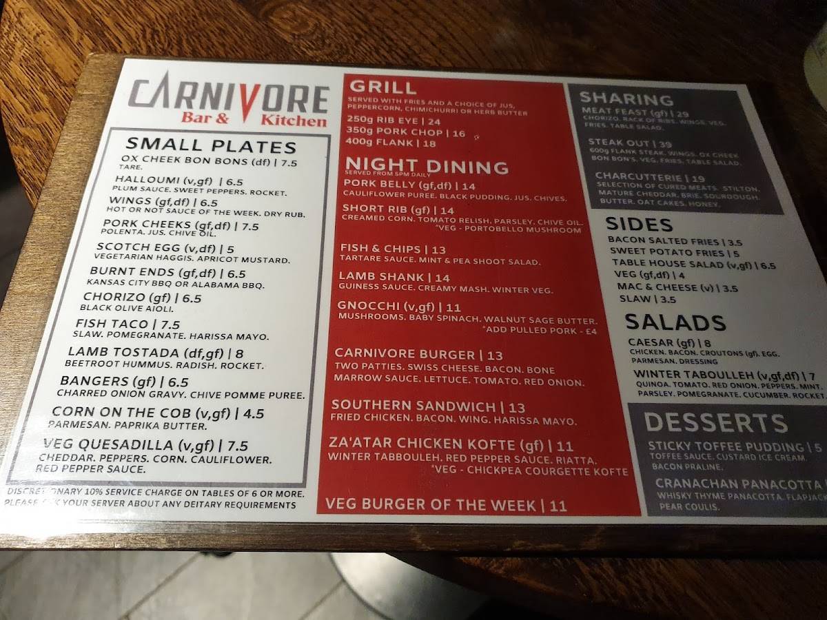 Menu at Carnivore restaurant, Edinburgh